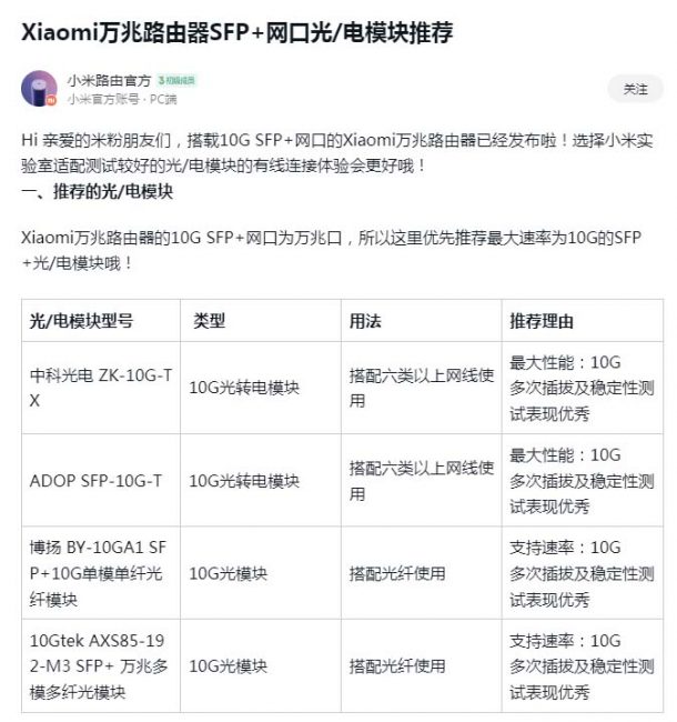 小米万兆路由AX10000的SFP+模块选择-路由器交流